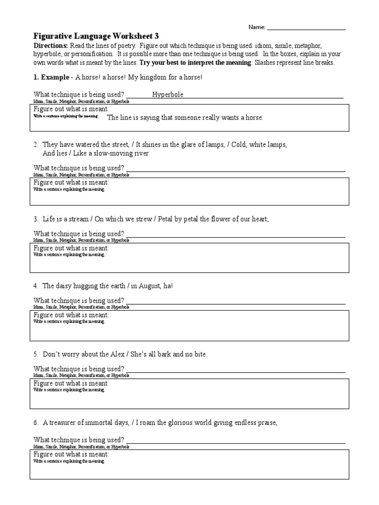 Figurative Language Worksheet 3: Directions | PDF | Metaphor