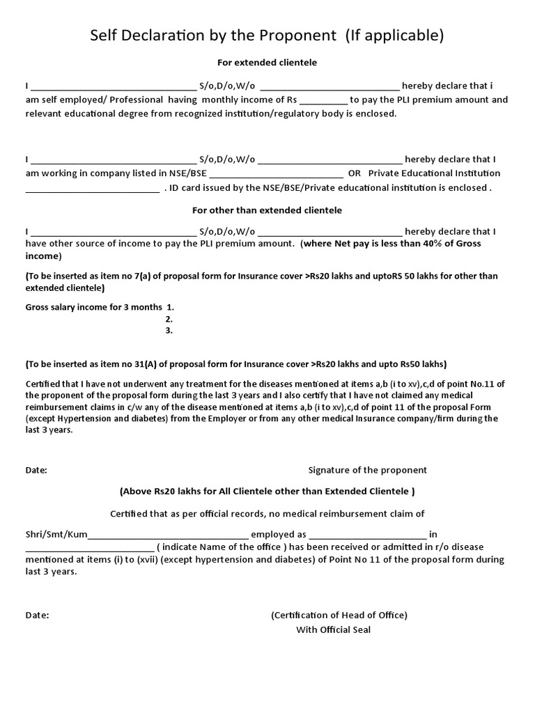 Self Declaration Form for Life Insurance Proposal | PDF | Insurance ...