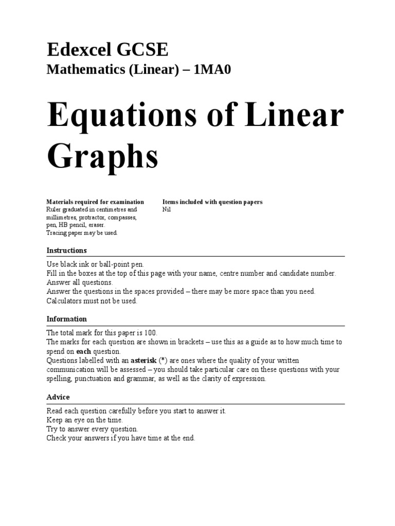 Equations of Linear Graphs: Edexcel GCSE | PDF | Line (Geometry ...