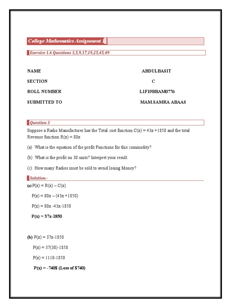 College Mathematics Assignment 1 | PDF | Market (Economics) | Marketing