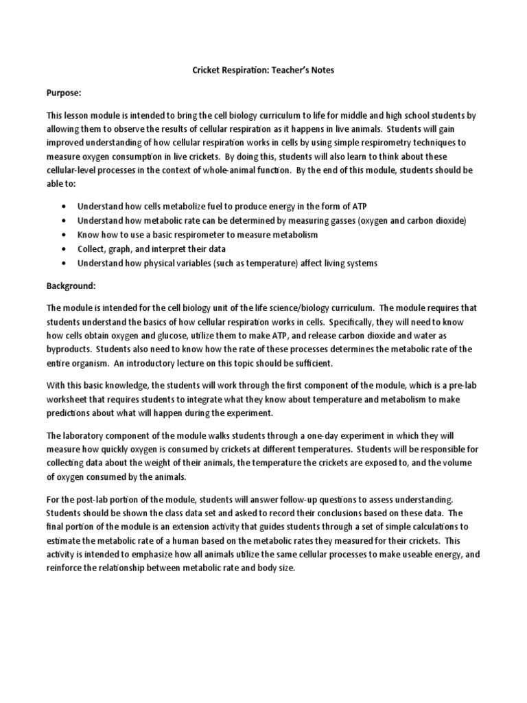 Cricket Respiration: Teacher's Notes Purpose | PDF | Organ (Anatomy ...