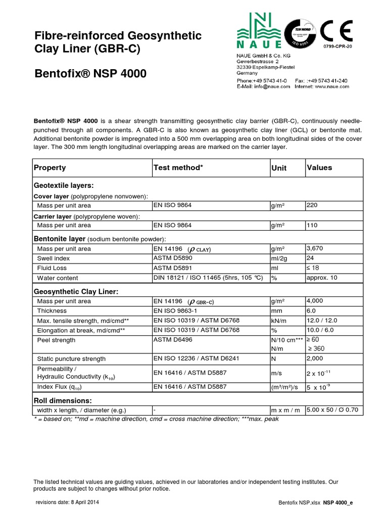 Fibre-Reinforced Geosynthetic Clay Liner (GBR-C) Bentofix® NSP 4000 ...