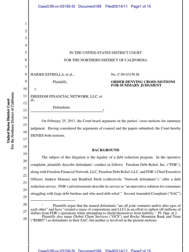 Estrella v. Freedom Financial Network UCL MSJ | PDF | Summary Judgment ...
