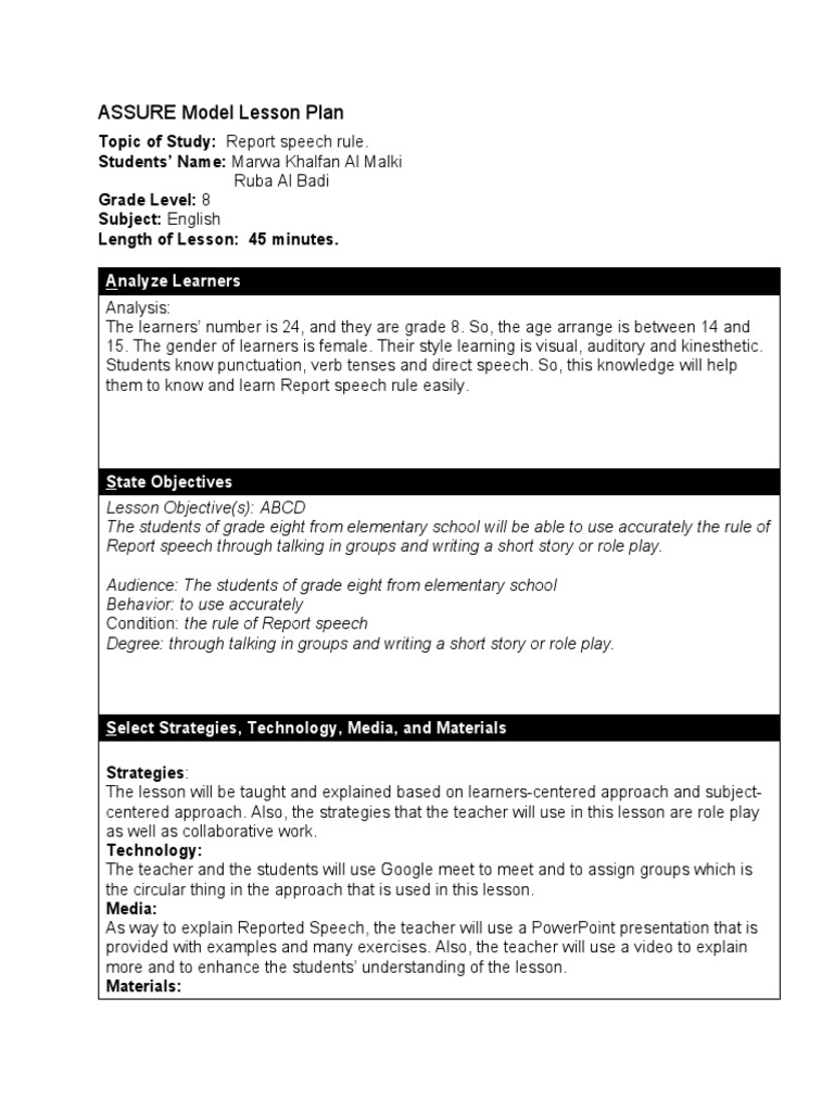 Assure Lesson Plan Template | PDF | Teachers | Lesson Plan