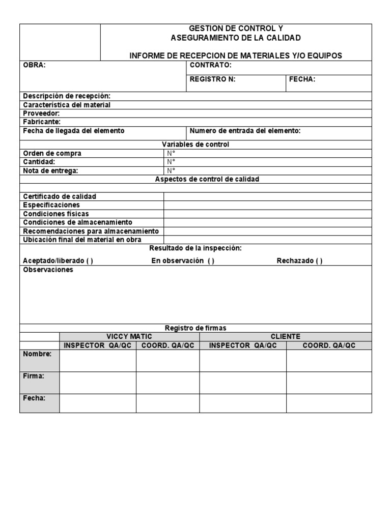 Informe de Recepcion de Materiales y Equipos | PDF