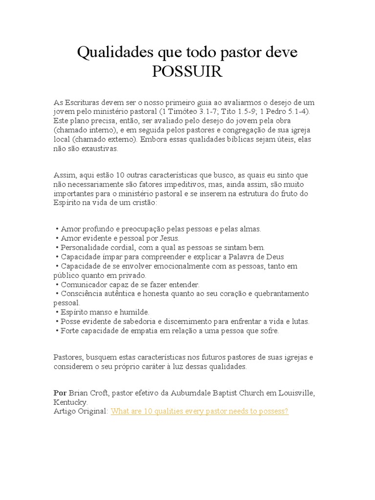 Qualidades Que Todo Pastor Deve POSSUIR | PDF | Carreira e Crescimento ... Qualidades Que Todo Pastor Deve POSSUIR | PDF | Carreira e Crescimento ...