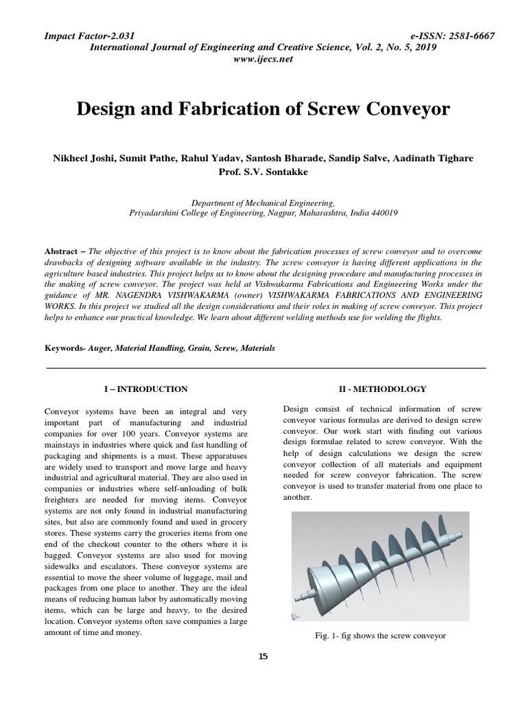 Design and Fabrication of Screw Conveyor | PDF | Screw | Engineering