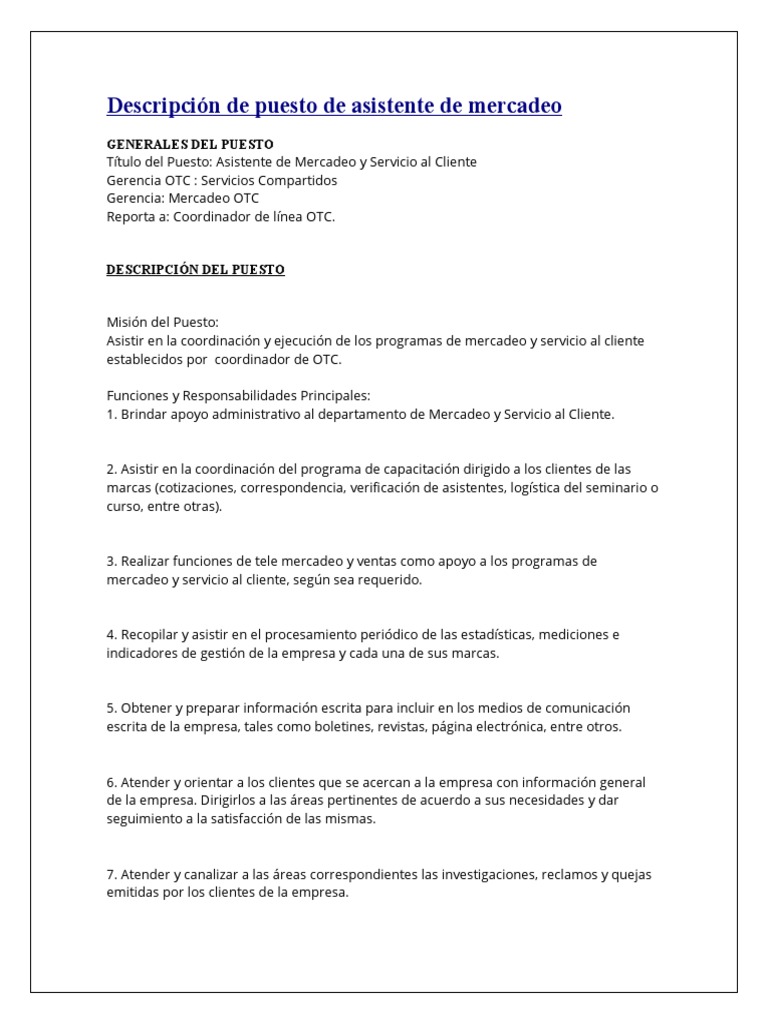 Descripción de Puesto de Asistente de Mercadeo | PDF | Marketing ...