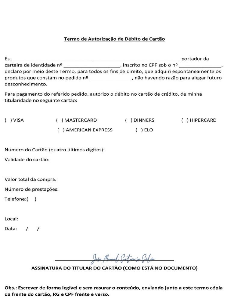 Termo de Autorizacao de Debito Cartao | PDF Termo de Autorizacao de Debito Cartao | PDF