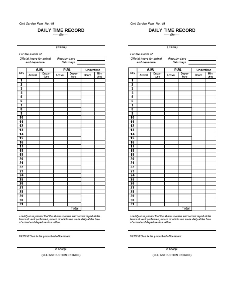 CSCForm48 DailyTimeRecord (DTR) | Download Free PDF | Theory Of ...