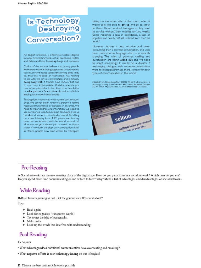 READING Comprehension. Is Technology Destroying Conversation? | PDF ...