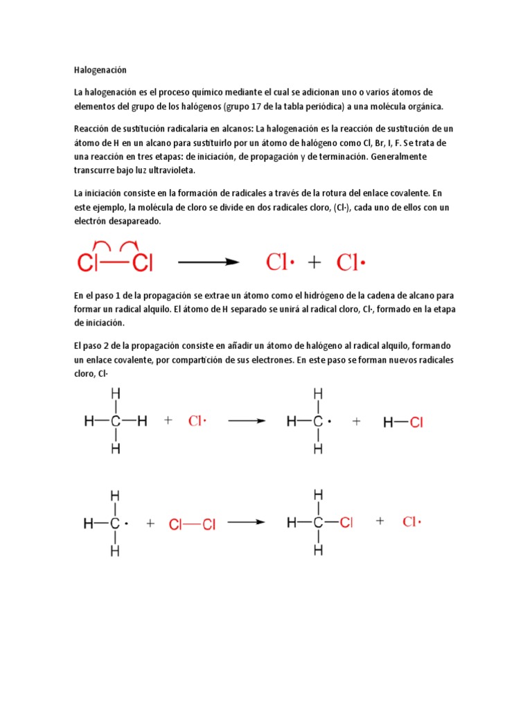 Halogenación | PDF | Hidrogenación | Radical (Química)