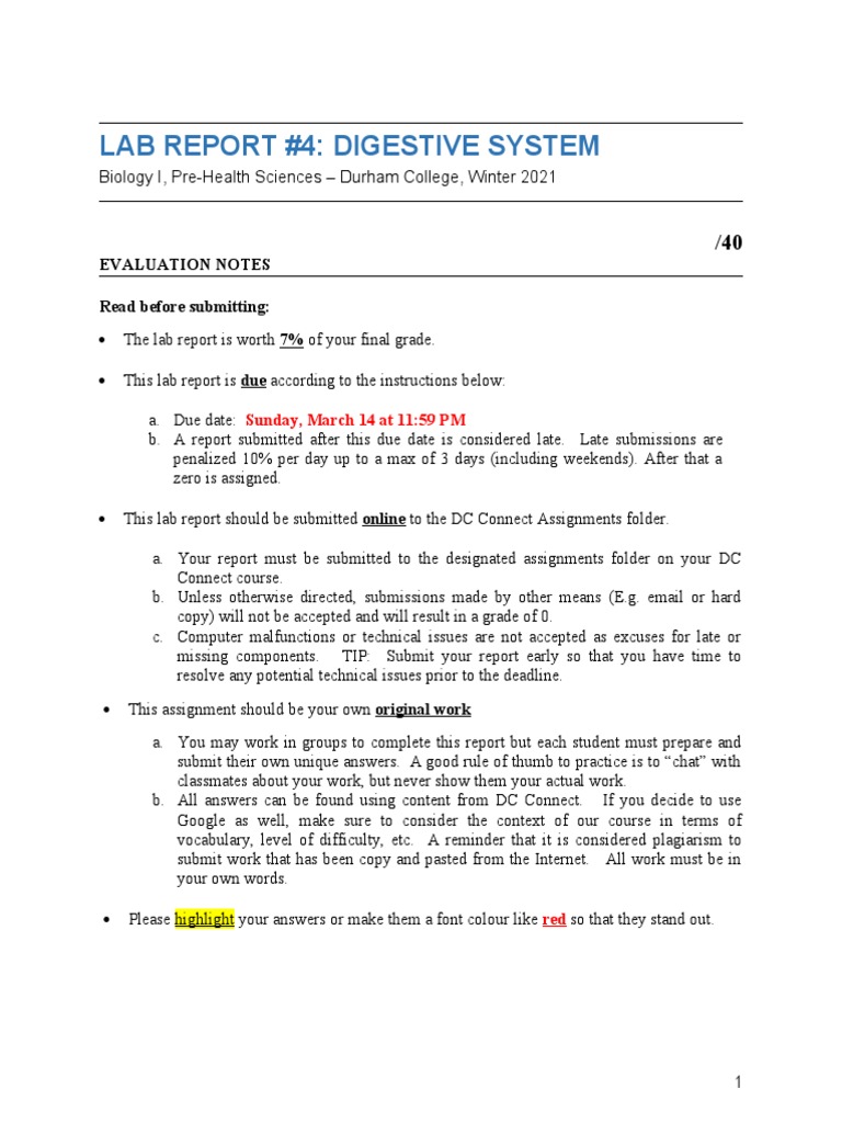 Lab Report #4: Digestive System: Evaluation Notes Read Before ...