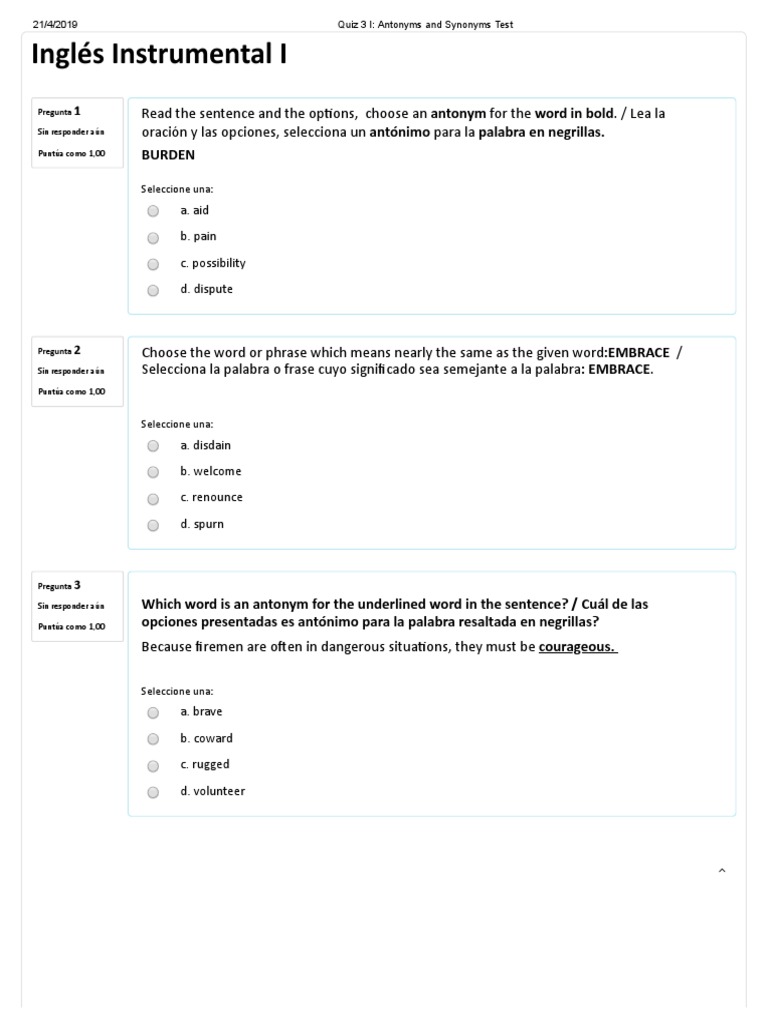 Quiz 3 I - Antonyms and Synonyms Test | PDF