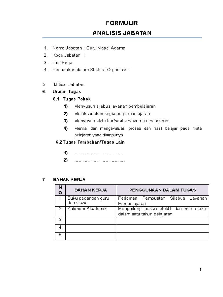 Form Anjab Contoh 2021 | PDF