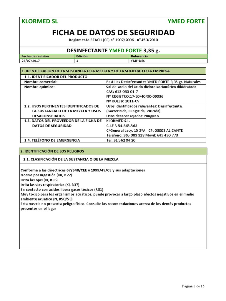 Ficha de Seguridad YMED FORTE 3,35 g | PDF | Toxicidad | Agua
