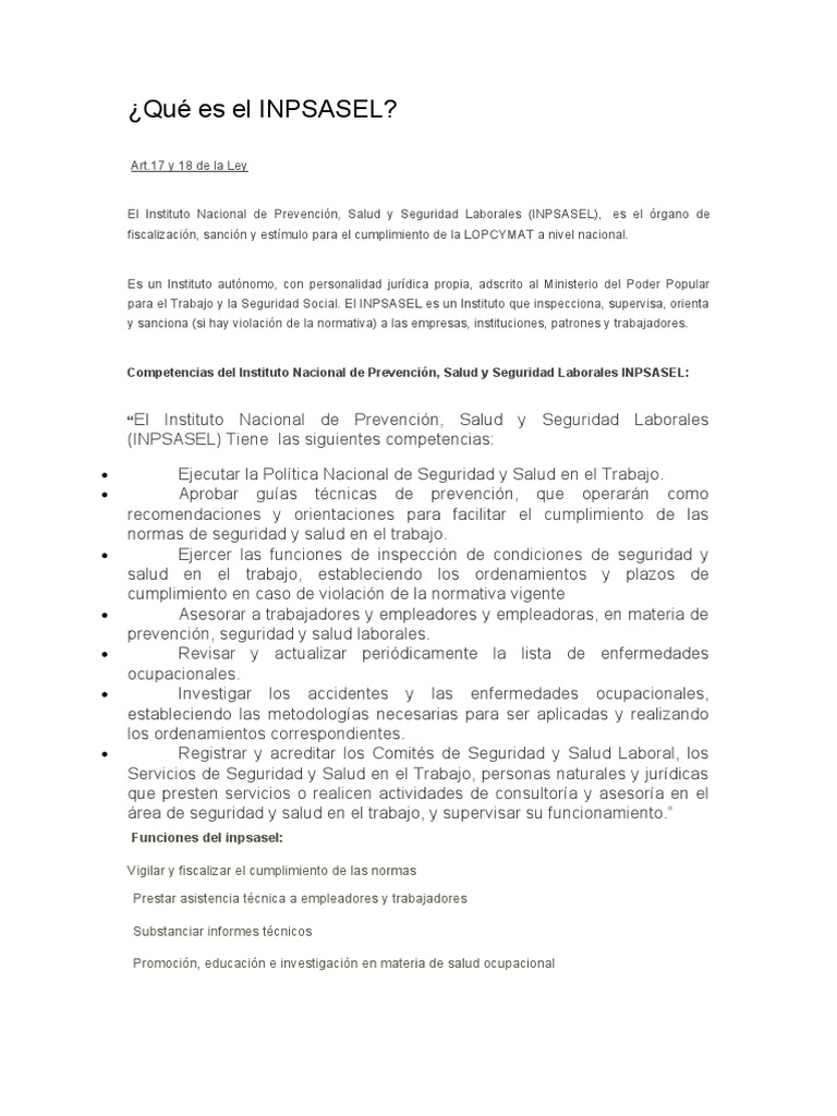 Qué es el INPSASEL | PDF | Derecho laboral | Seguridad y salud ocupacional