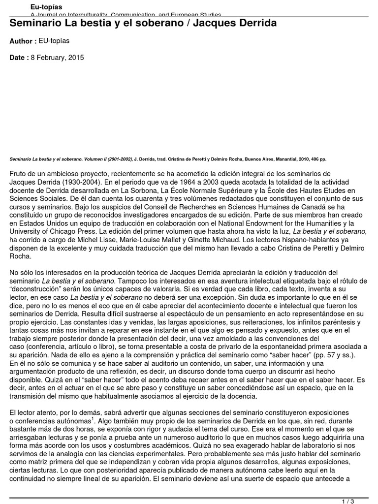 Derrida: La Bestia y el Soberano | PDF | Deconstruccion | Jacques Derrida