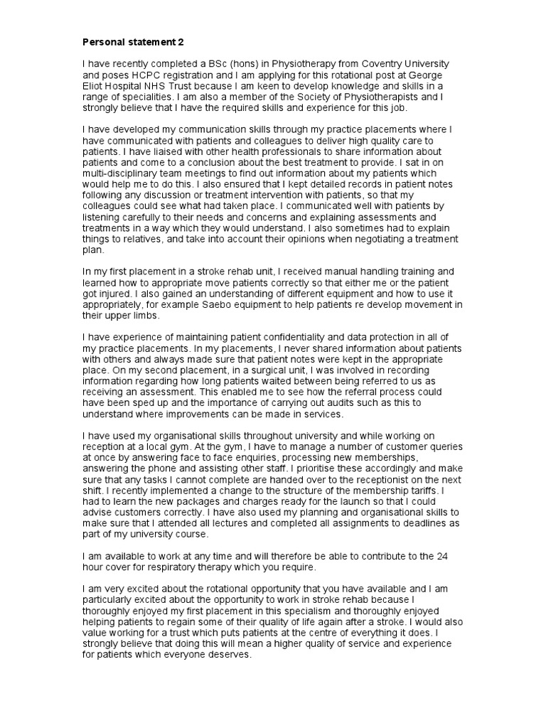 Physio Personal Statement 2 | PDF | Physical Therapy | Patient