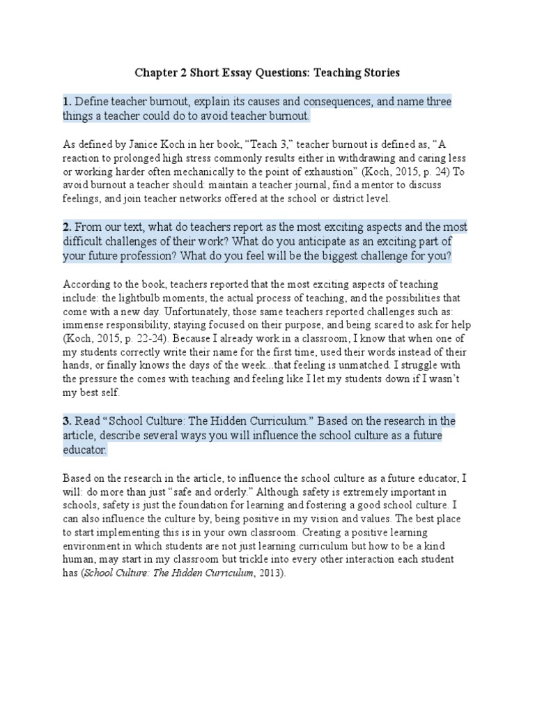 Chapter 2 Essay Questions | PDF | Teachers | Occupational Burnout