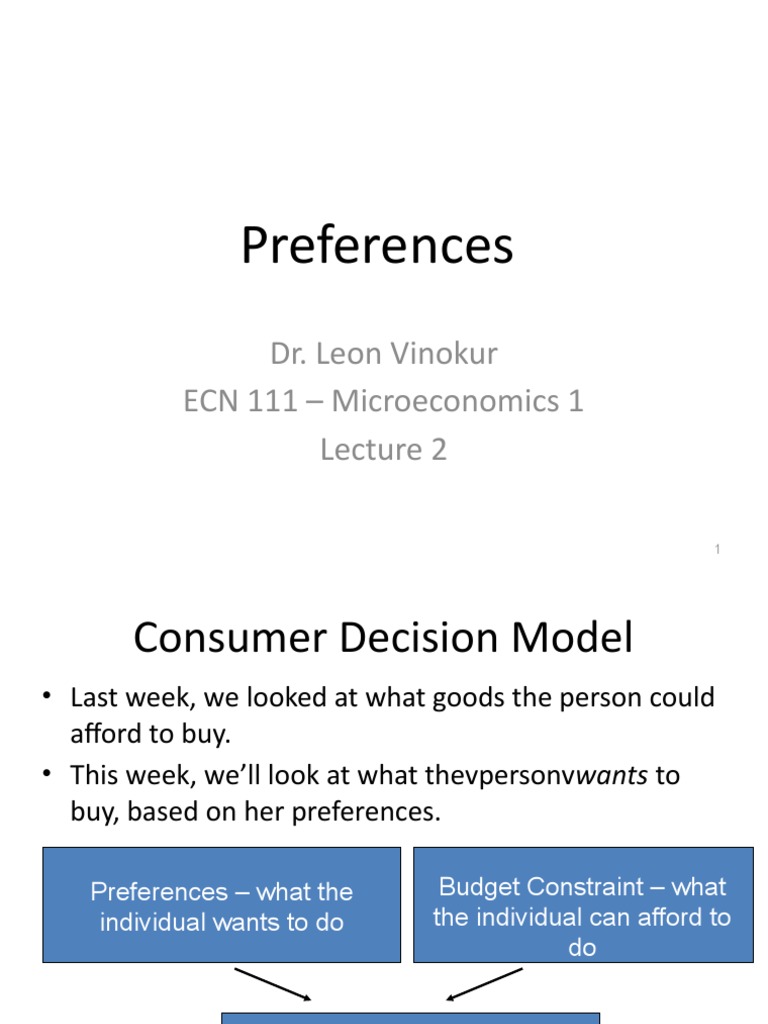 Preferences: Dr. Leon Vinokur ECN 111 - Microeconomics 1 | PDF ...