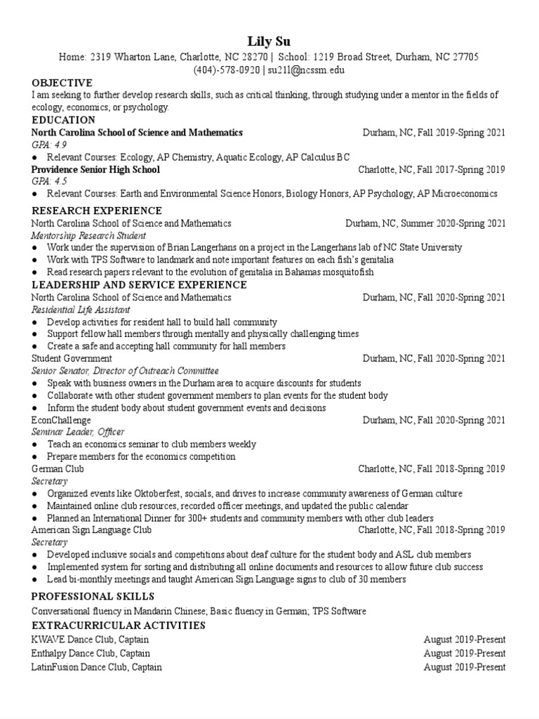 Lily Su-Resume Mentorship - Google Docs | PDF | Mentorship | Science
