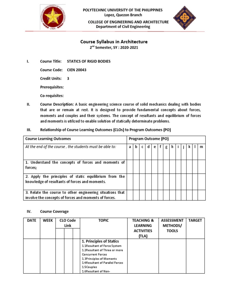 Syllabus Statics of Rigid Bodies | PDF | Academic Dishonesty | Force