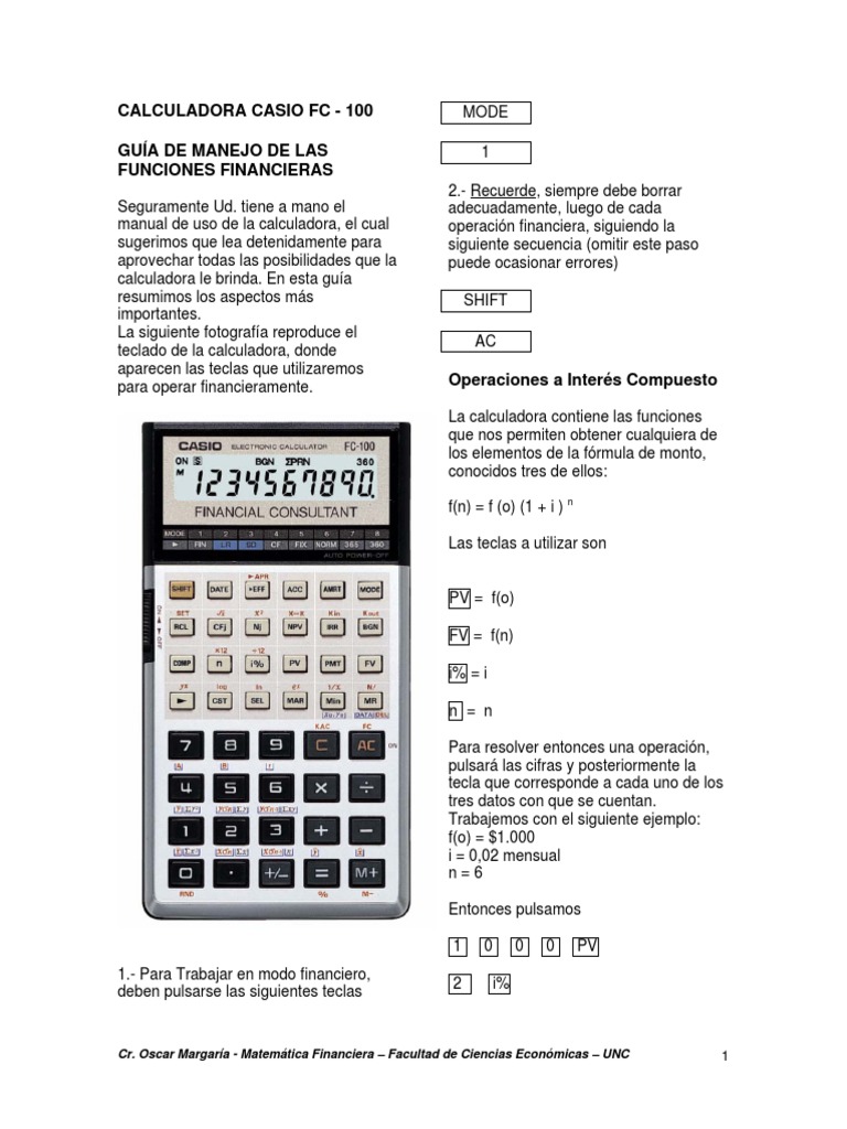 Guía de Uso de la Calculadora Casio FC-100 | PDF | Amortización ...
