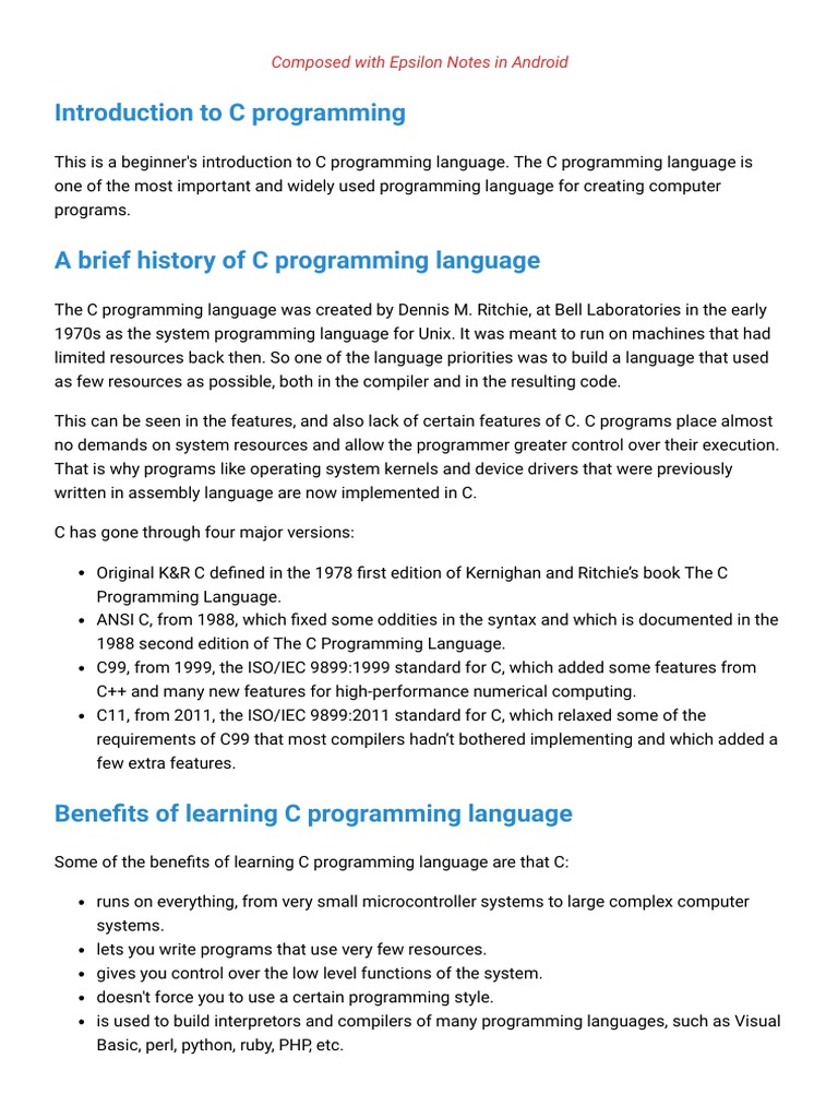 Introduction To C Programming: Composed With Epsilon Notes in Android ...