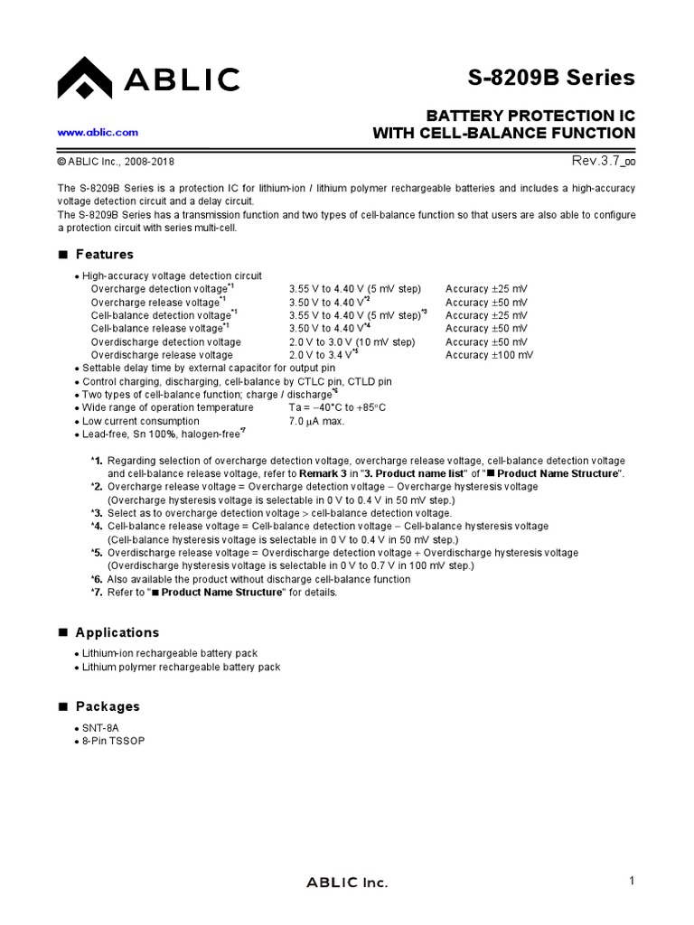 S-8209B Series: Features | PDF | Rechargeable Battery | Power Supply