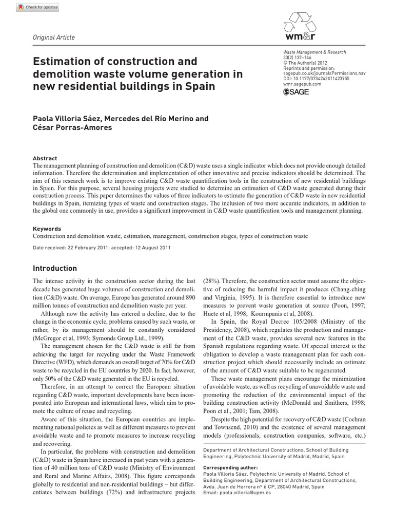 Estimation of Construction and Demolition Waste Volume Generation in ...