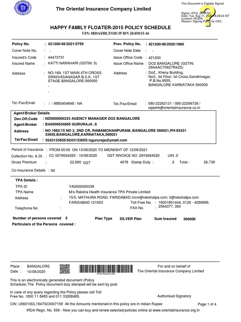 The Oriental Insurance Company Limited: UIN: IRDAI/HLT/OIC/P-H/V.II/450 ...