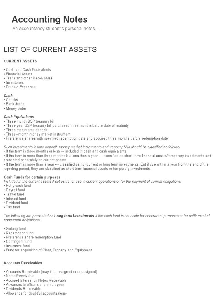 Accounting Notes: List of Current Assets | PDF | Accrual | Dividend