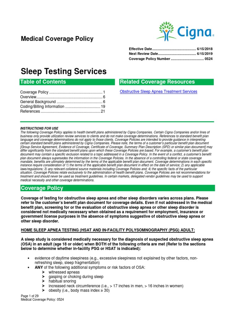 Cigna Medical Coverage Policy For Sleep Testing Services | PDF | Sleep ...