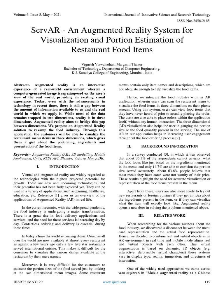 Servar An Augmented Reality System For Visualization And Portion Estimation Of Restaurant Food