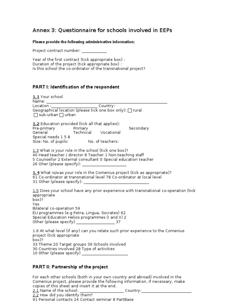 Annex 3: Questionnaire For Schools Involved in Eeps: Part I ...