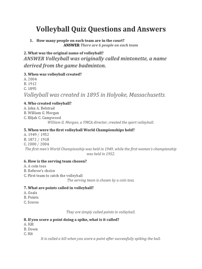 Volleyball Quiz: Questions & Answers | PDF | Volleyball | Leisure