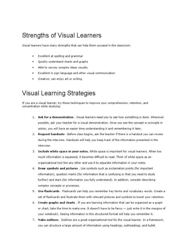 Strengths of Visual Learners | PDF | Flashcard | Reading Comprehension