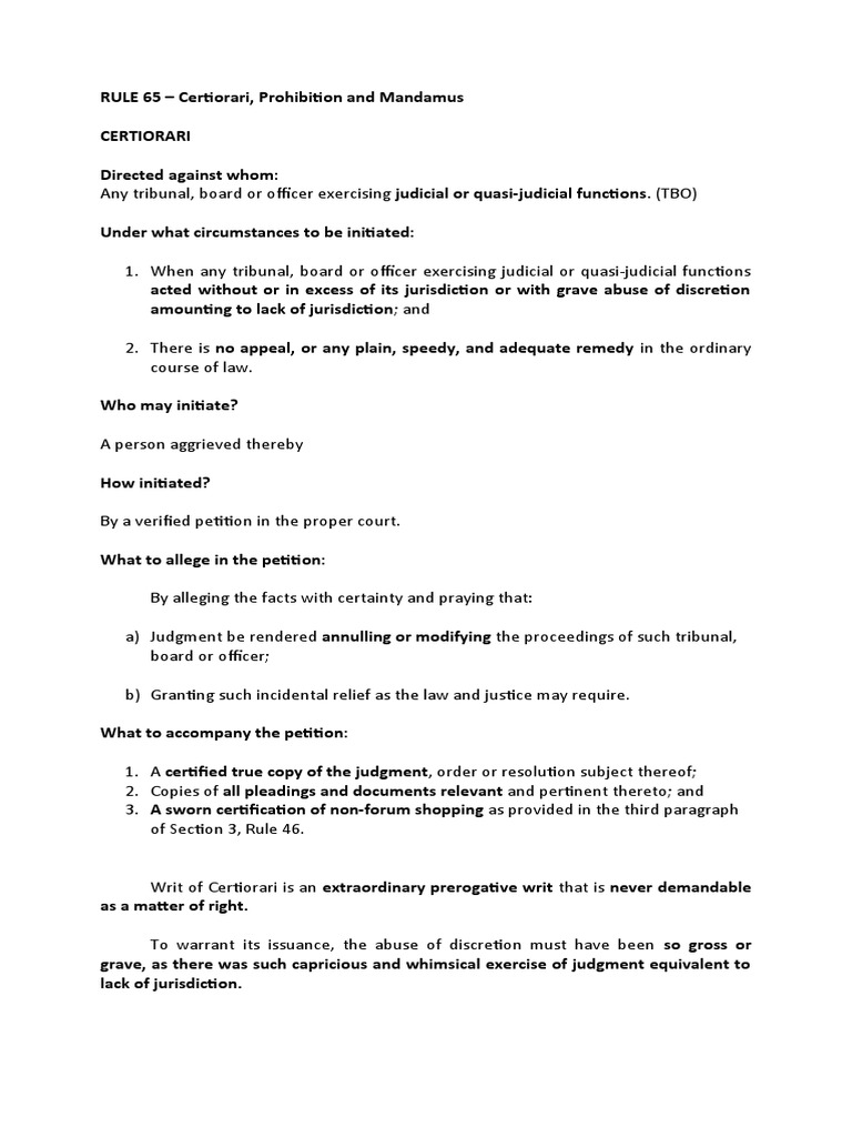 Rule 65 Certiorari, Prohibition and Mandamus | PDF | Mandamus | Certiorari