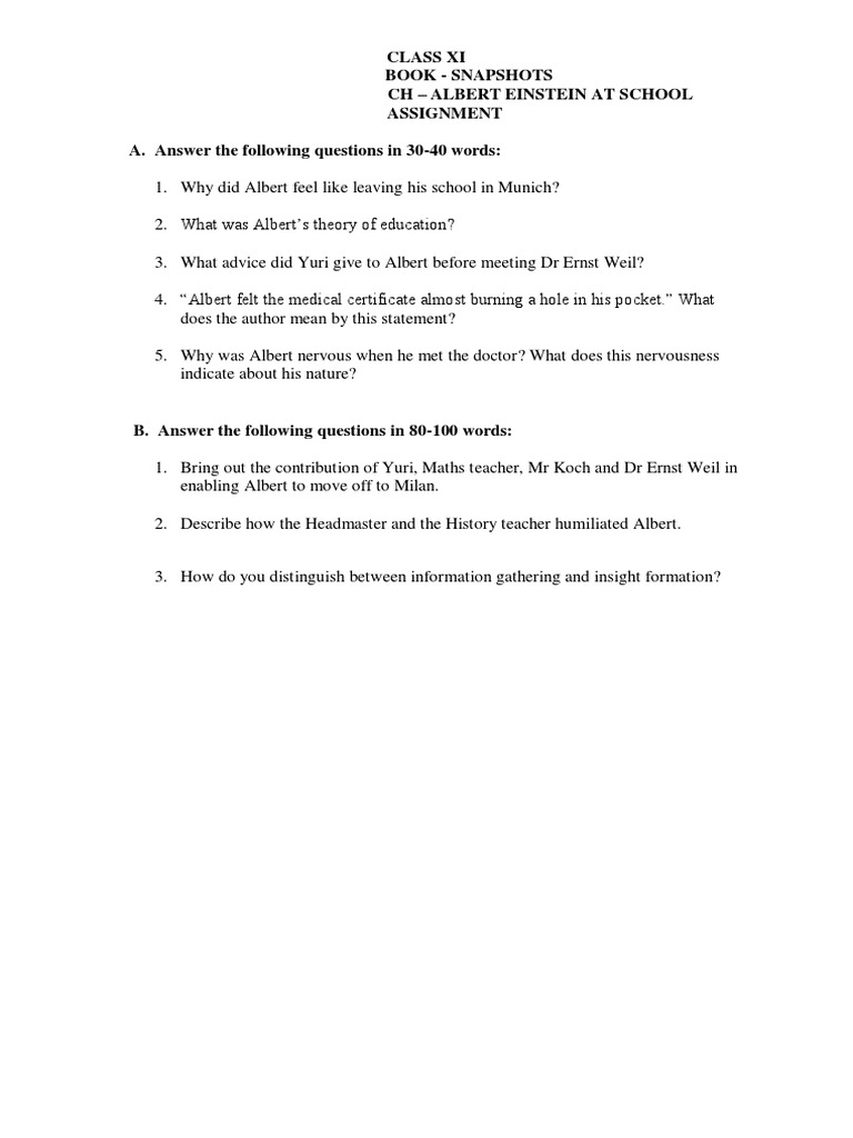 11 English - Albert Einstein at School - Assignment | PDF