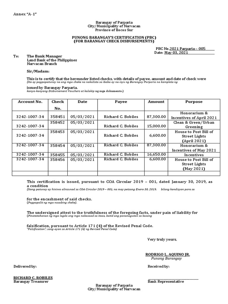 Account No. Check No. Date Payee Amount Purpose: Punong Barangay'S ...