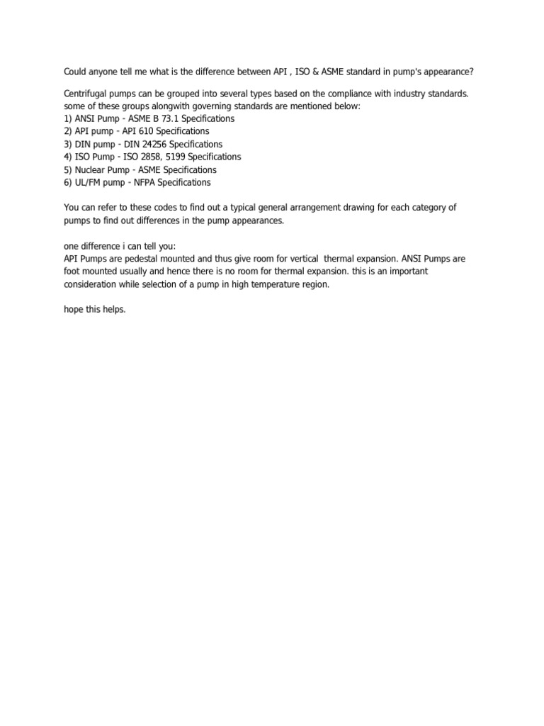 The Difference Between API DIN IsO ASME Pumps | PDF