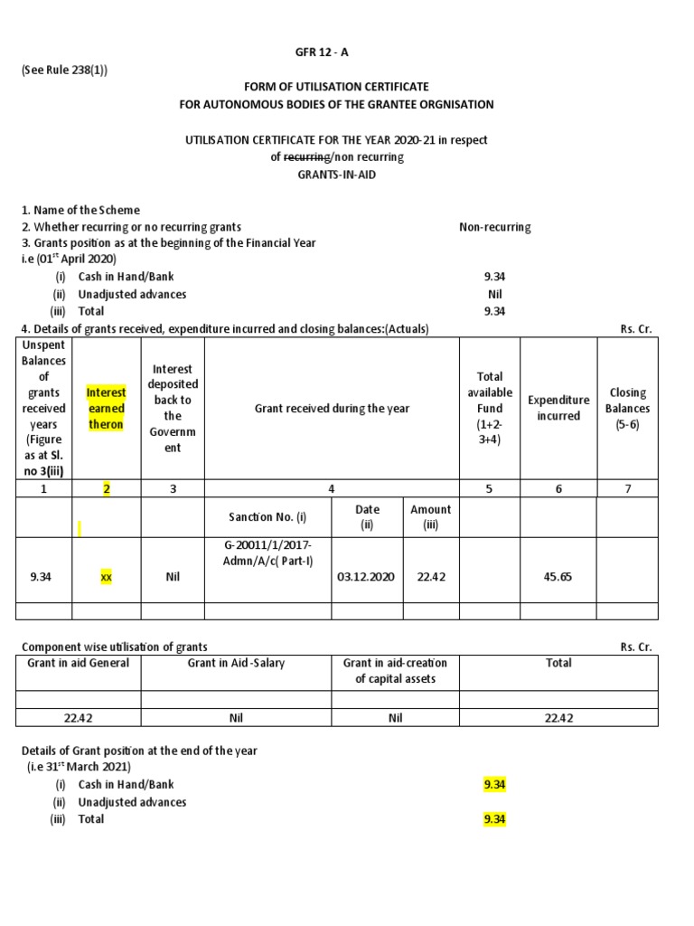 GFR 12 - A Form of Utilisation Certificate For Autonomous Bodies of The ...