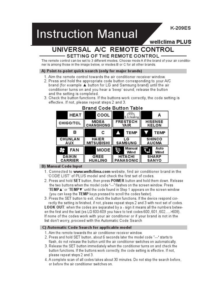 Instruction Manual: Universal A/C Remote Control | PDF | Air ...