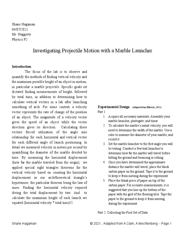 Shane Hagaman Investigating Projectile Motion Lab Marble Launcher | PDF | Projectiles | Velocity