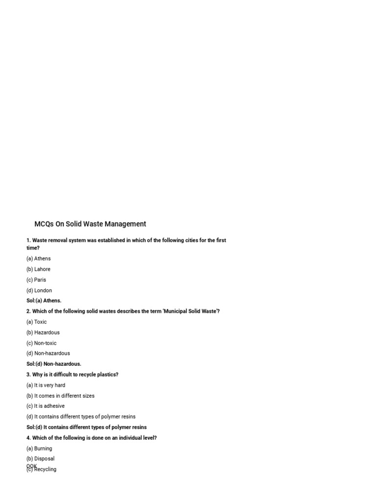 MCQs On Solid Waste Management and Their Types | PDF | Municipal Solid ...