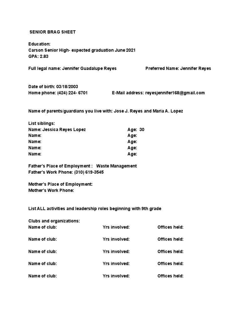 Senior Brag Sheet | PDF