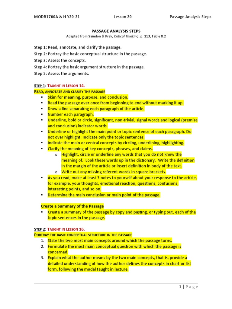 Passage Analysis Steps: Adapted From Saindon & Krek, Critical Thinking ...