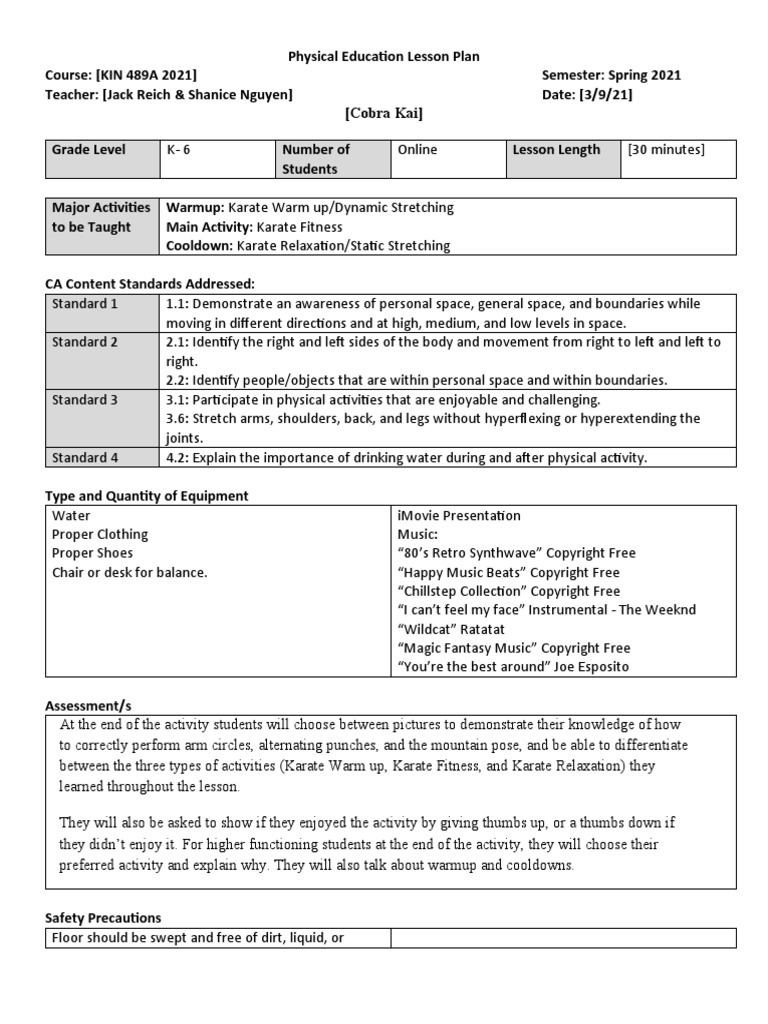 Kin 489a - Cobra Kai Lesson Plan - Draft 3 - 3-9-21 | PDF | Sports