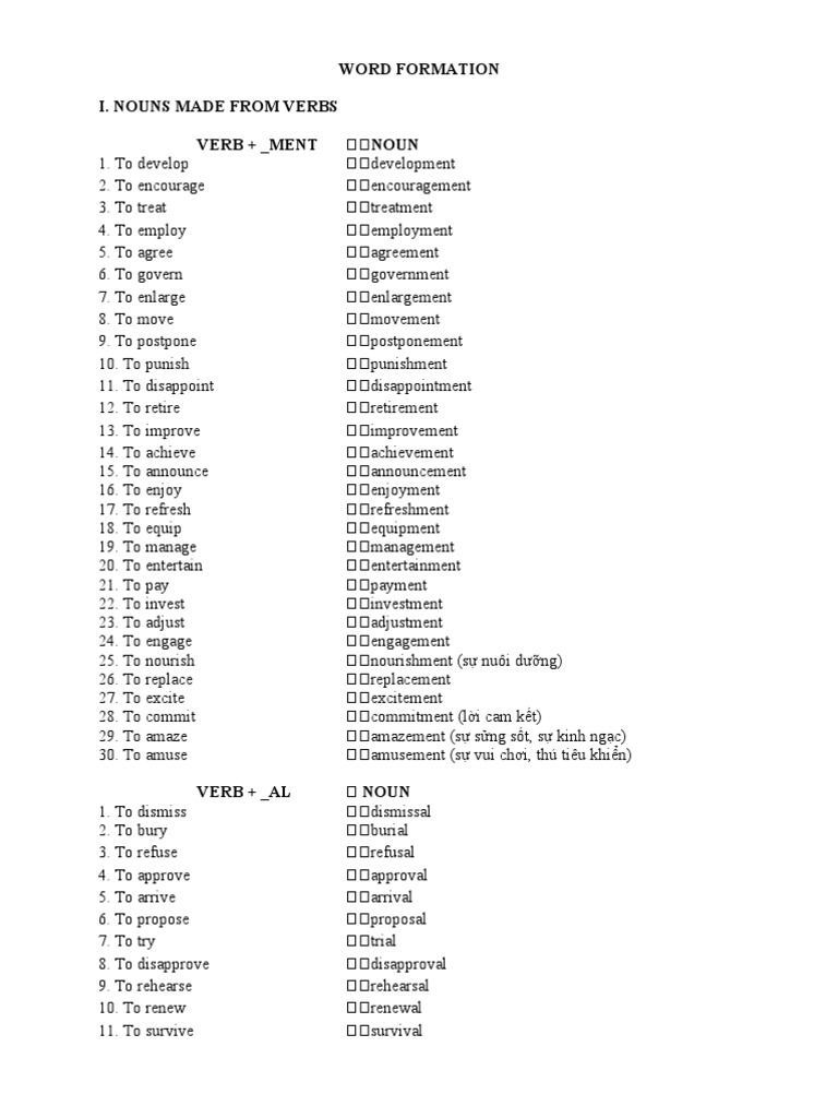 Word Formation I. Nouns Made From Verbs Verb + - Ment | PDF | Adjective ...